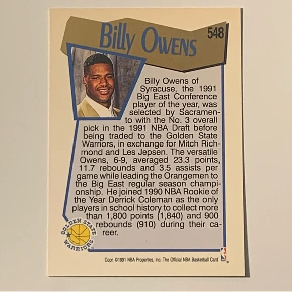 1991 NBA HOOPS Golden State Warriors Billy Owens #548